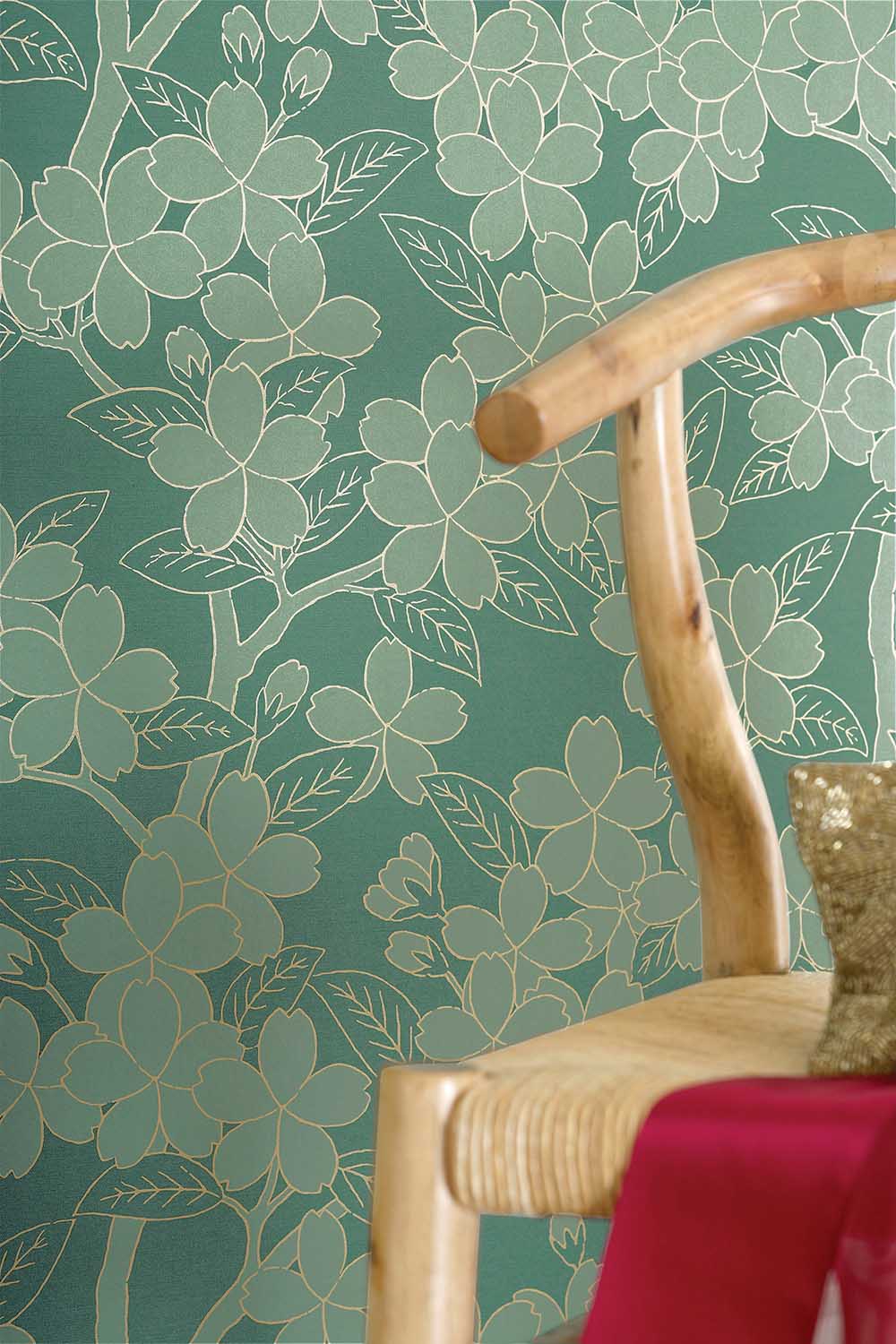 Behang Little Greene 20th Century Papers Camellia Late 19th Teal ...